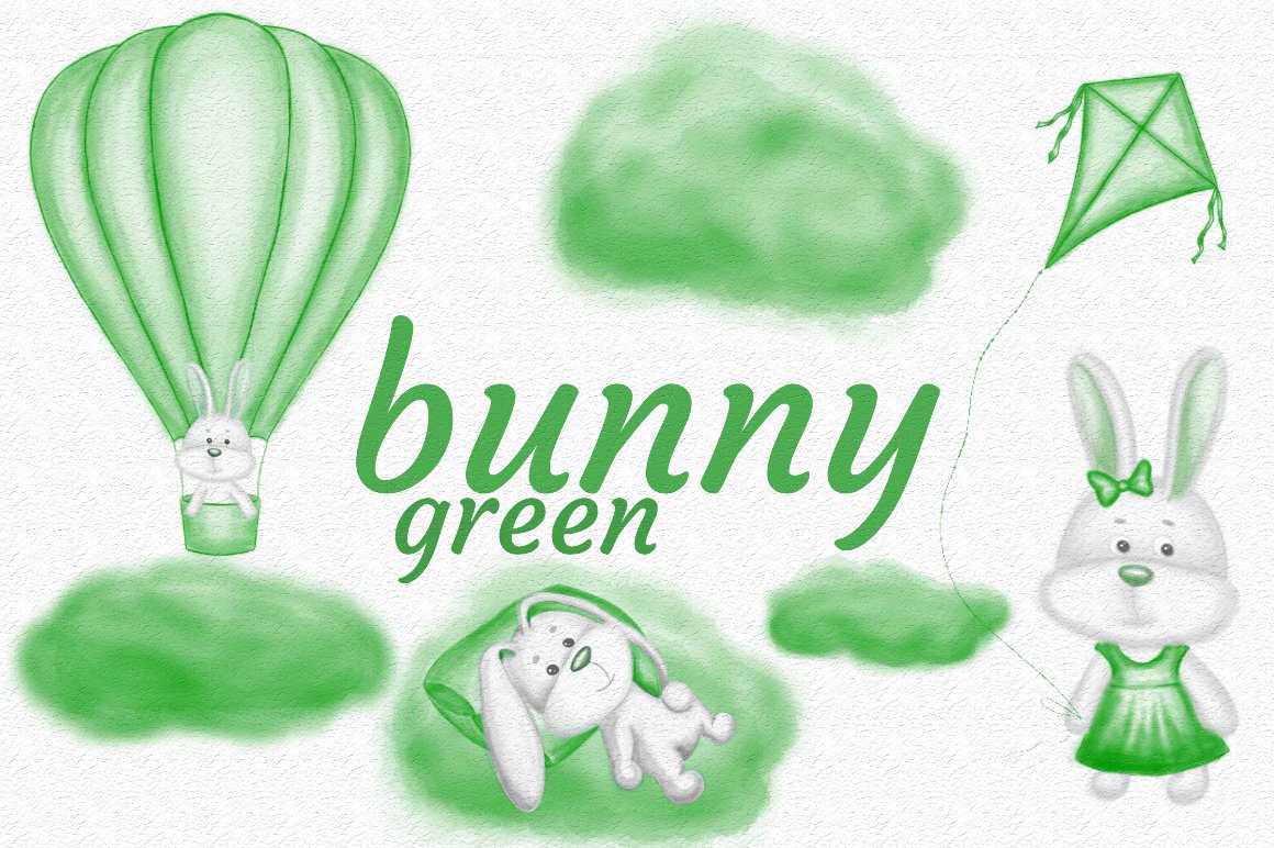 Bunny green watercolor clipart, frames, non-suture patterns.