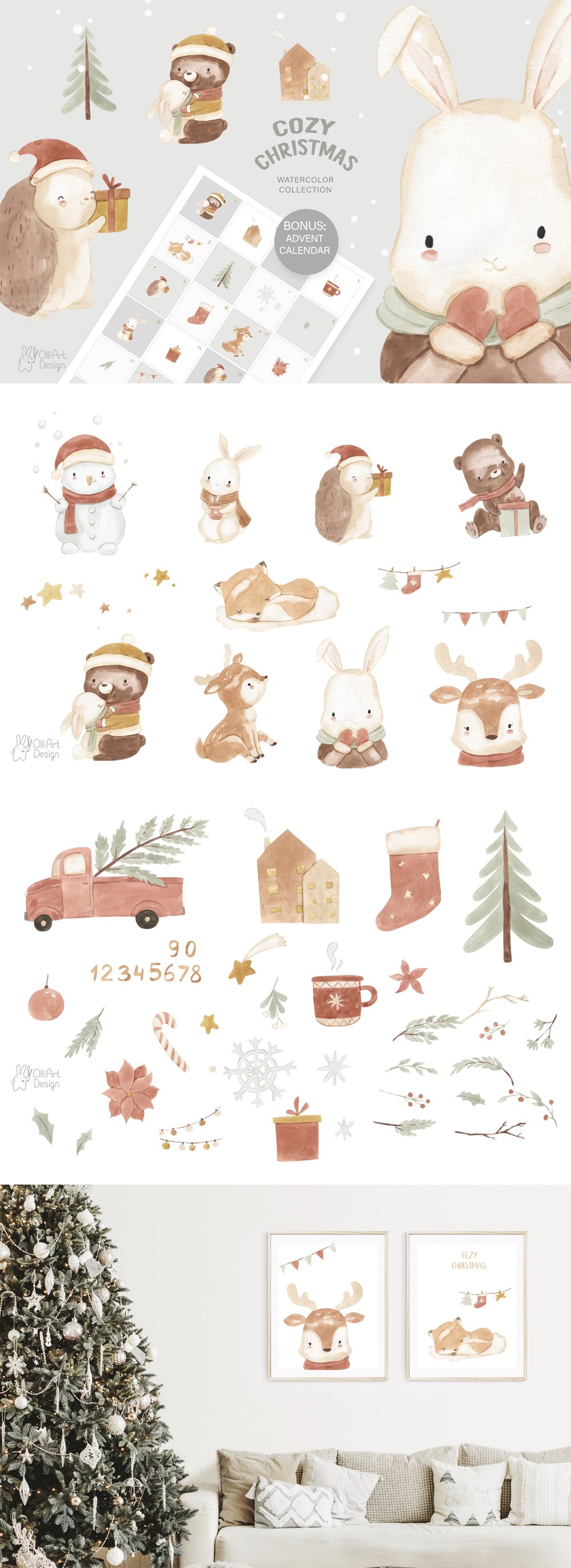 COZY CHRISTMAS. Watercolor clipart