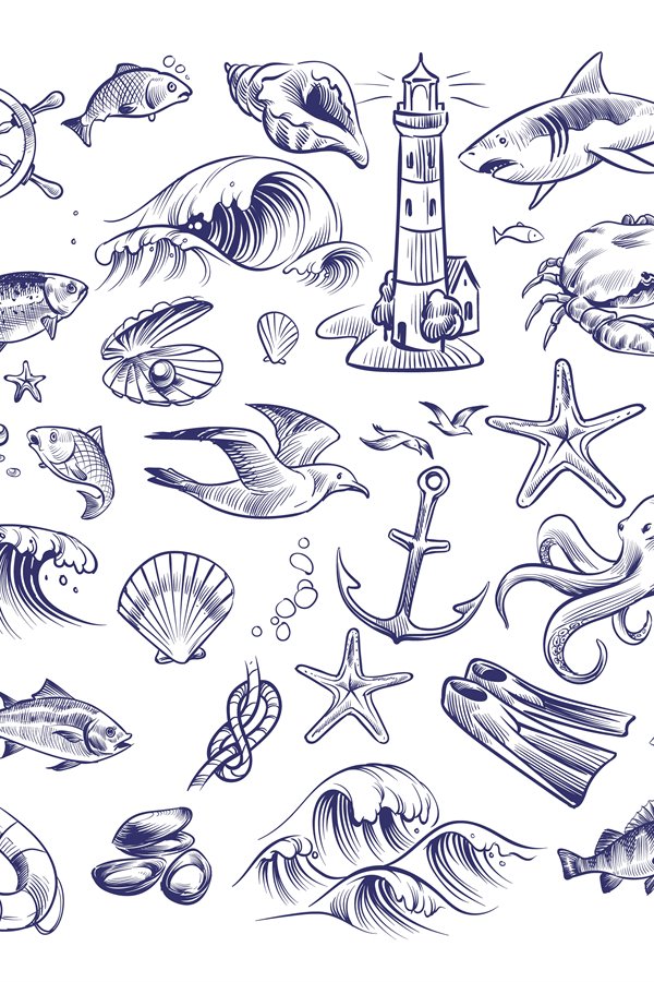 Hand drawn marine set. Sea ocean voyage lighthouse (781085)