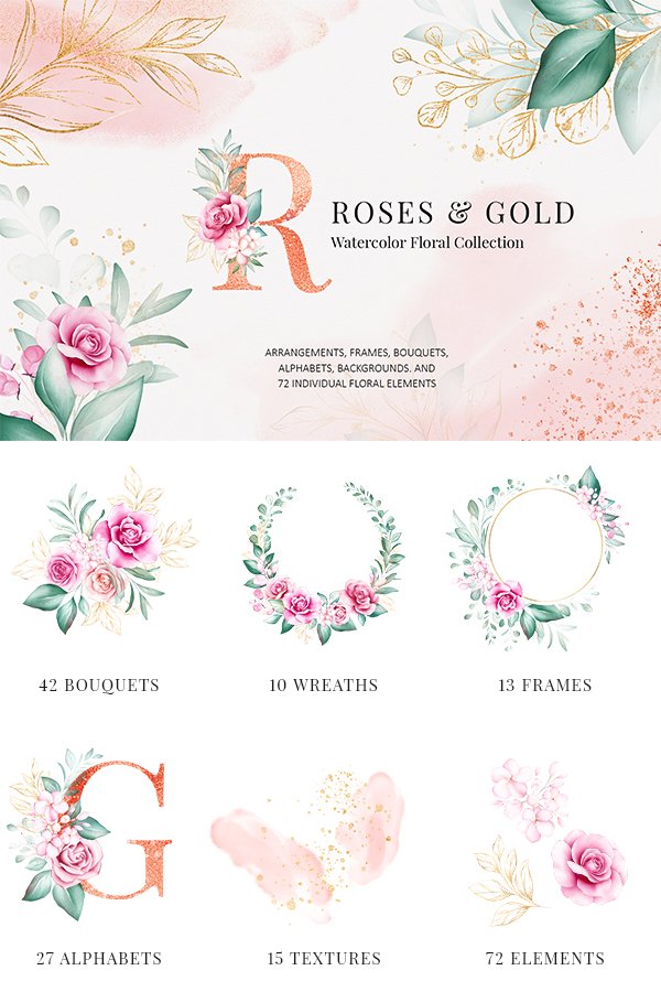 Watercolor Flowers Roses & Gold Clipart Bundle (551801)