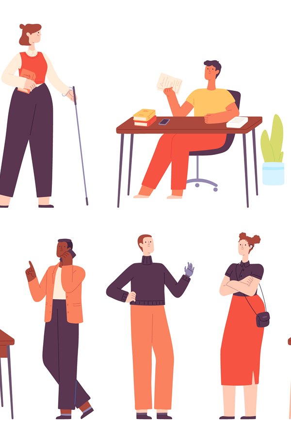 Inclusive multicultural office workers at workplace. Cartoon