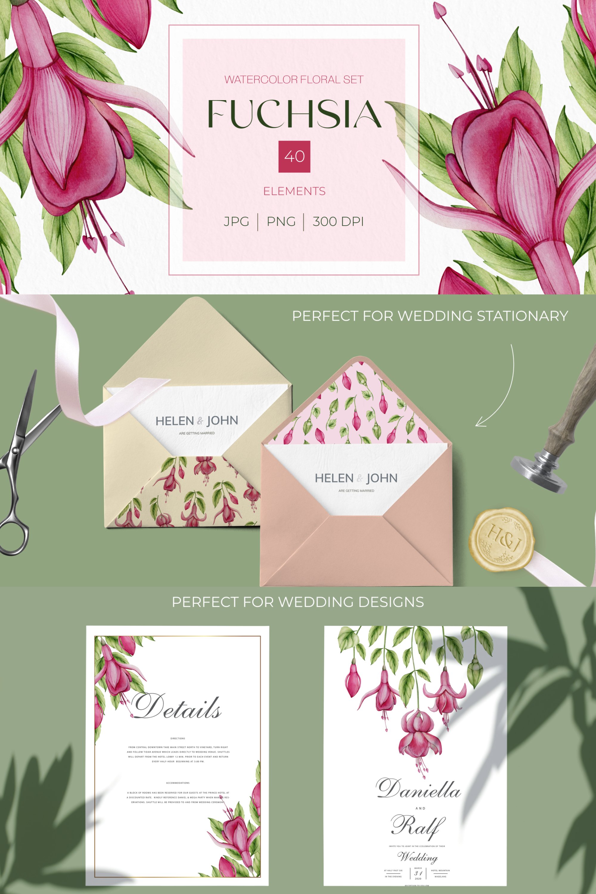 Pink Watercolor Fuchsia Flower Frame Set. Floral Borders