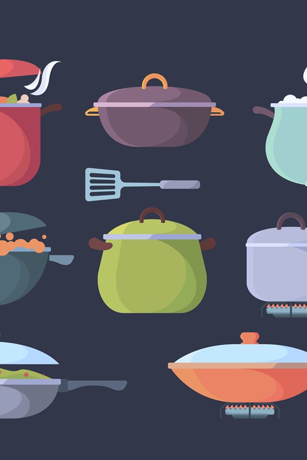 Gas stove boiling food. Preparing different products cooking