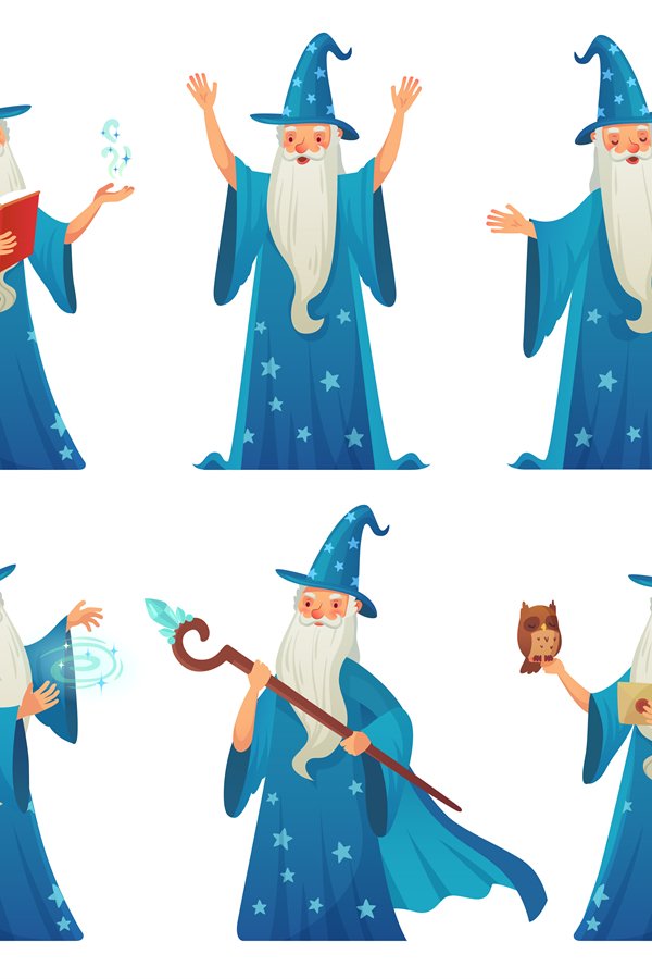 Cartoon wizard character. Old witch man in wizards robe, mag