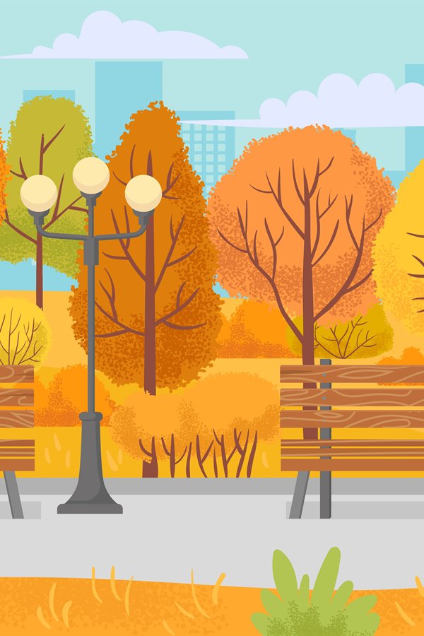 Cartoon autumn park. Yellow trees, city parks environment an