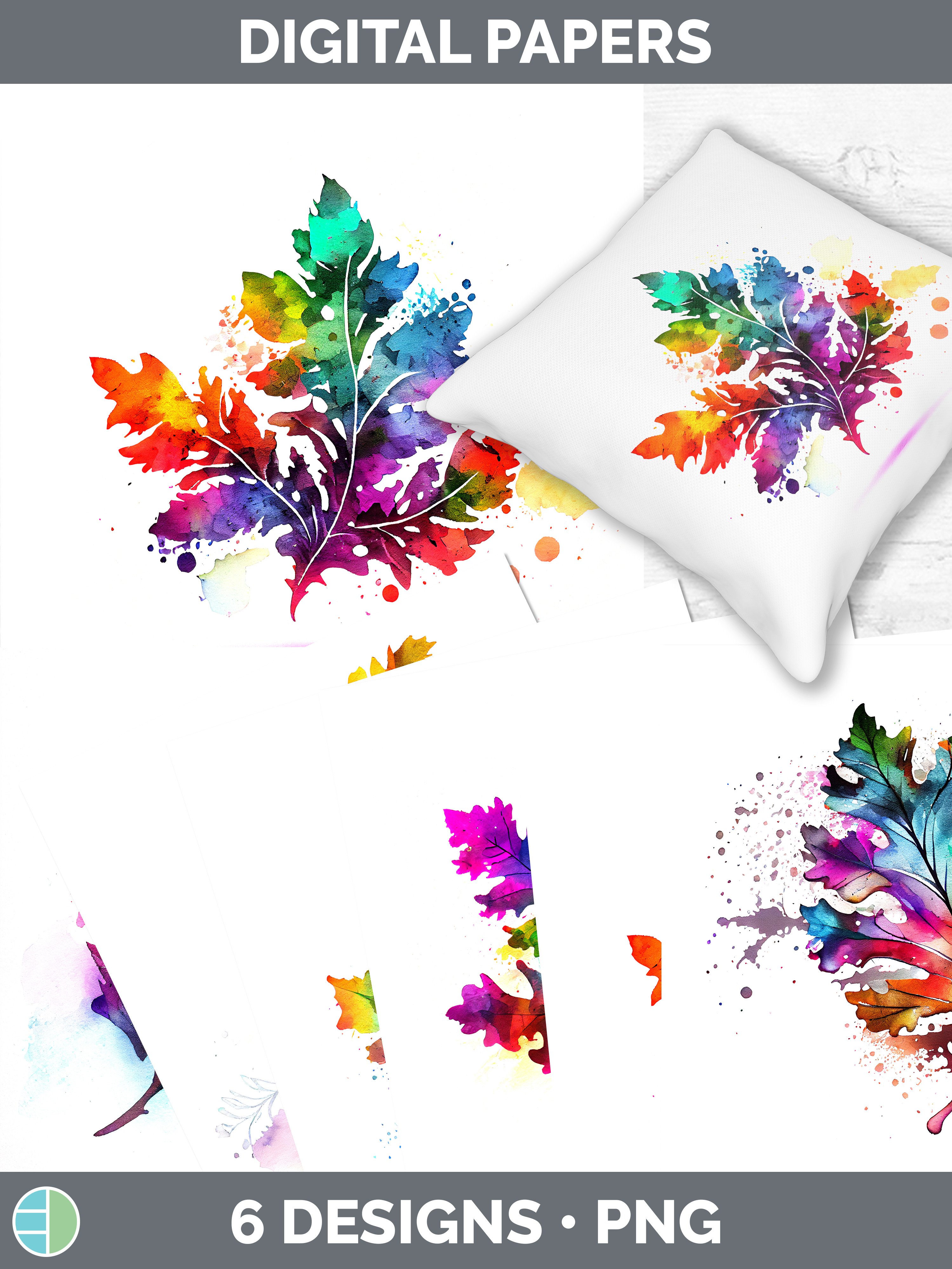 Rainbow Oak Leaves Paper Backgrounds | Digital Scrapbook Pap
