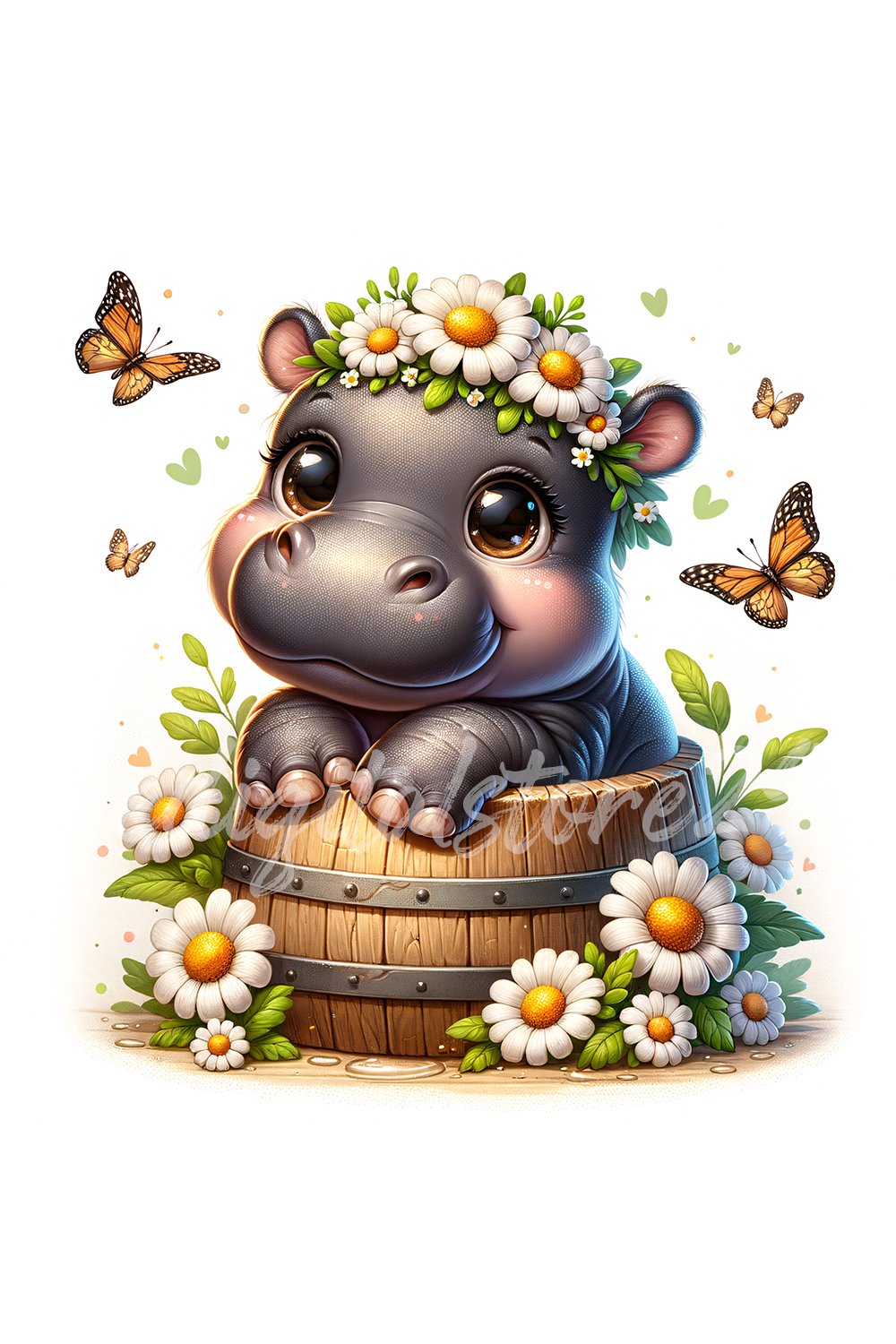 Cute Hippo with Daisy Florals JPG Design (3563572)