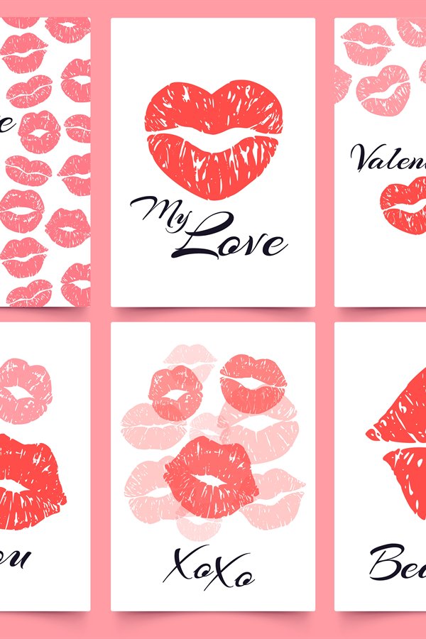 Lips prints. Card with love, Valentines day and fashion kiss