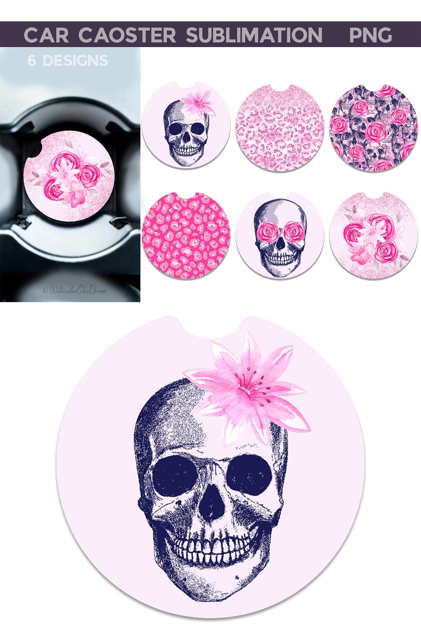 Skull Car Coaster Bundle | Floral Car Coaster Sublimation
