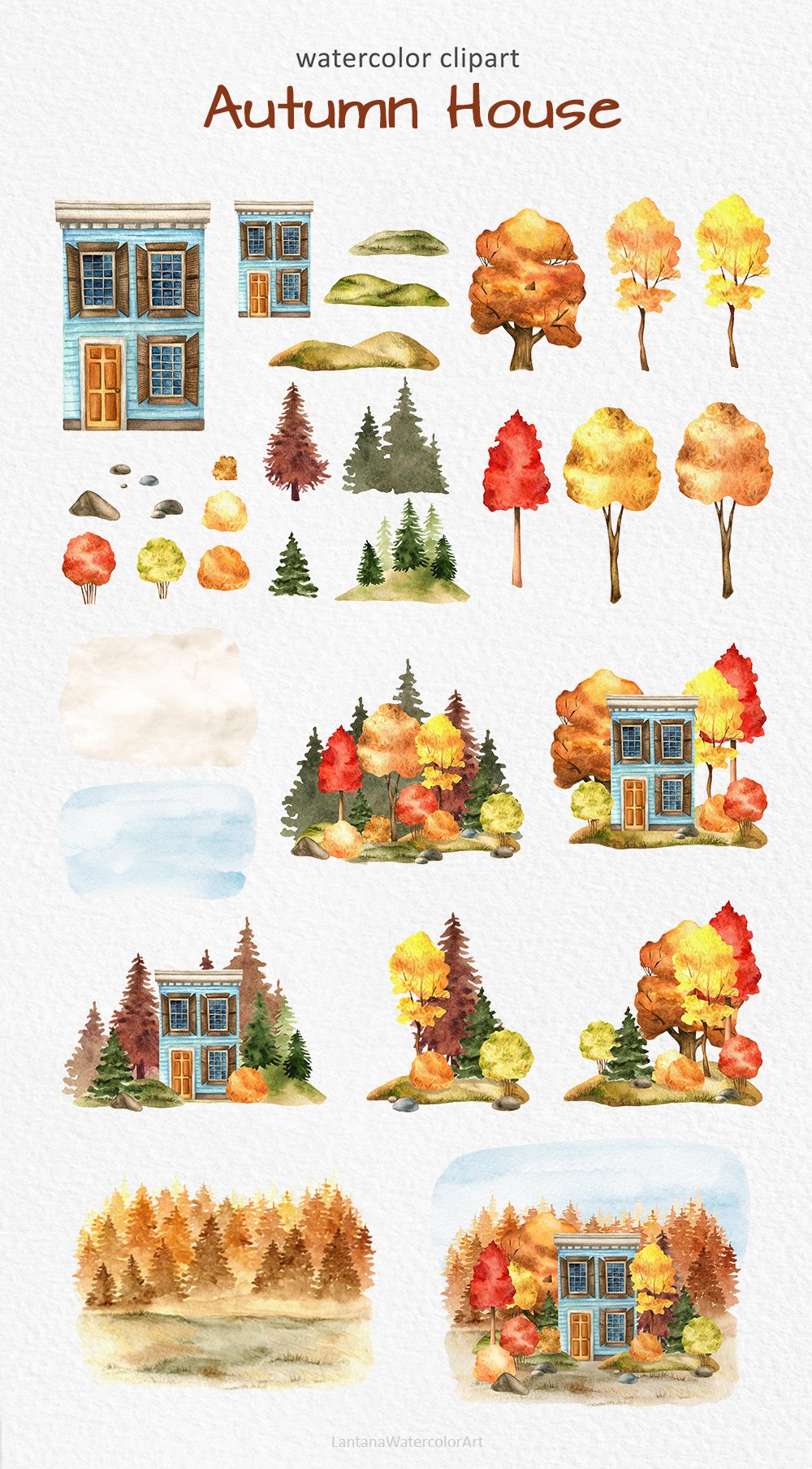 Watercolor Autumn House Clipart (2230017)