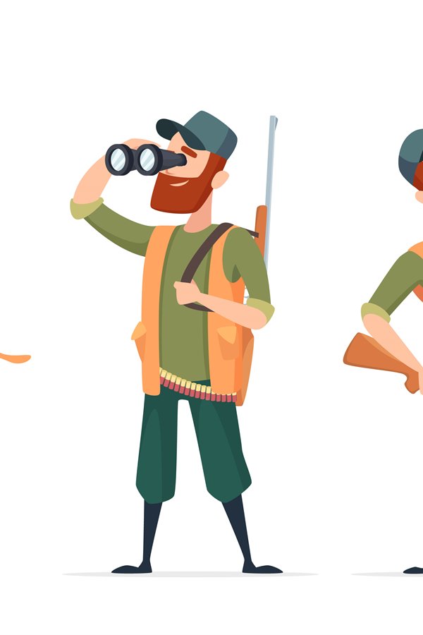 Cartoon hunters. Vector hunter with dog, guns, binoculars, d