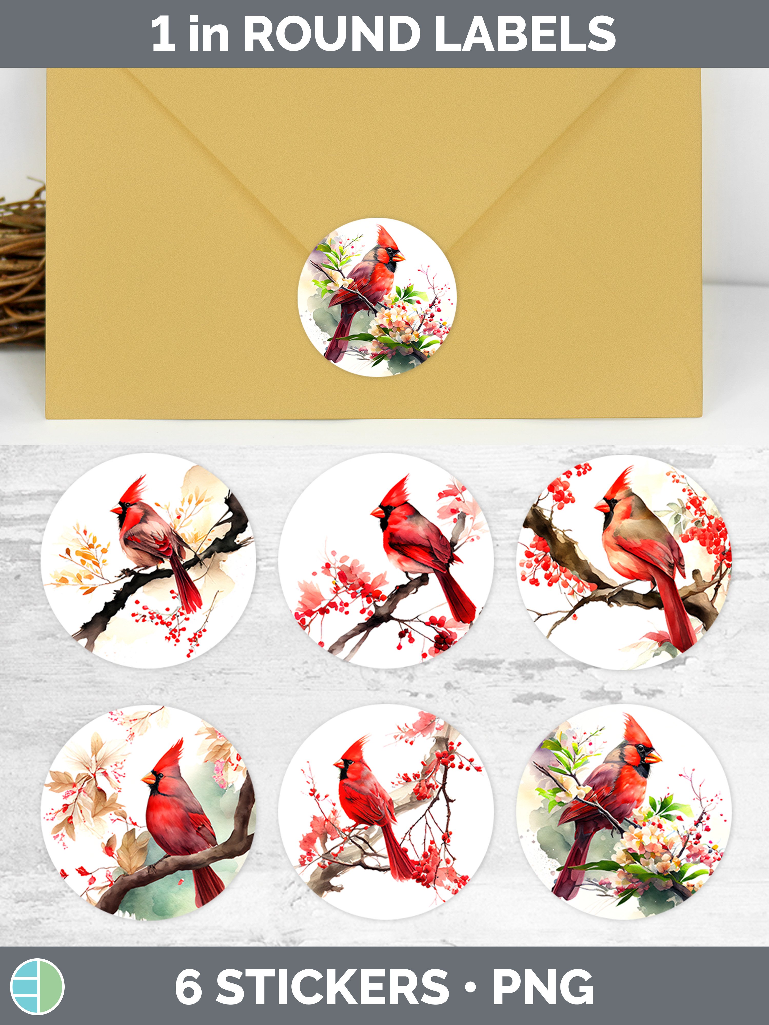 Japanese Watercolor Cardinal Bird Stickers | Round Labels De
