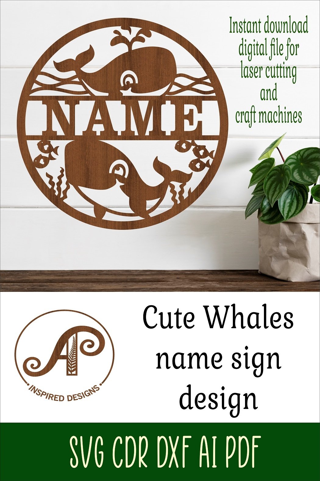 Cute Whales name sign svg laser cut template