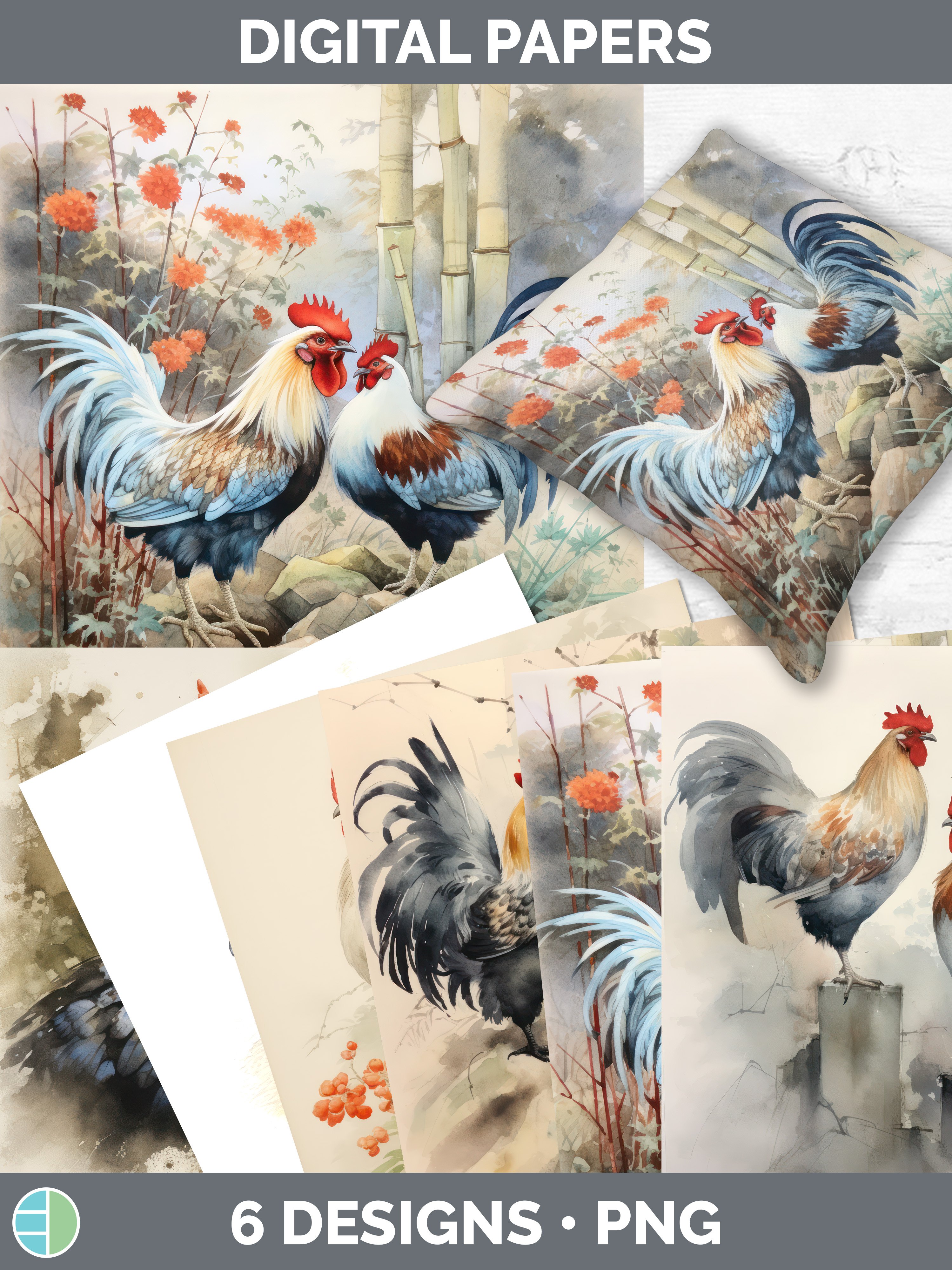 Japanese Watercolor Chicken Paper Backgrounds | Digital Scra