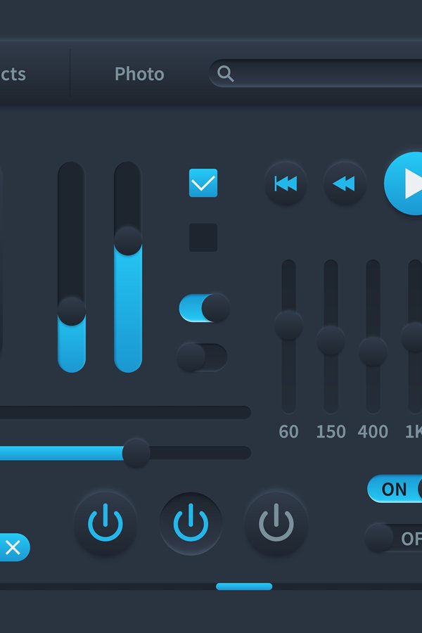 Black user interface. Modern ui elements switches, bars, pow