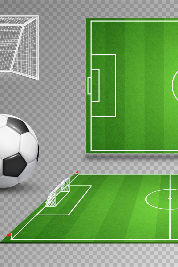 Football vector elements. Soccer ball golden cup green field