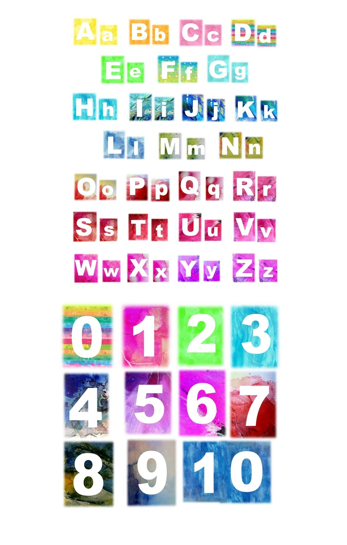 rainbow alphabet watercolour clipart with numbers and symbol