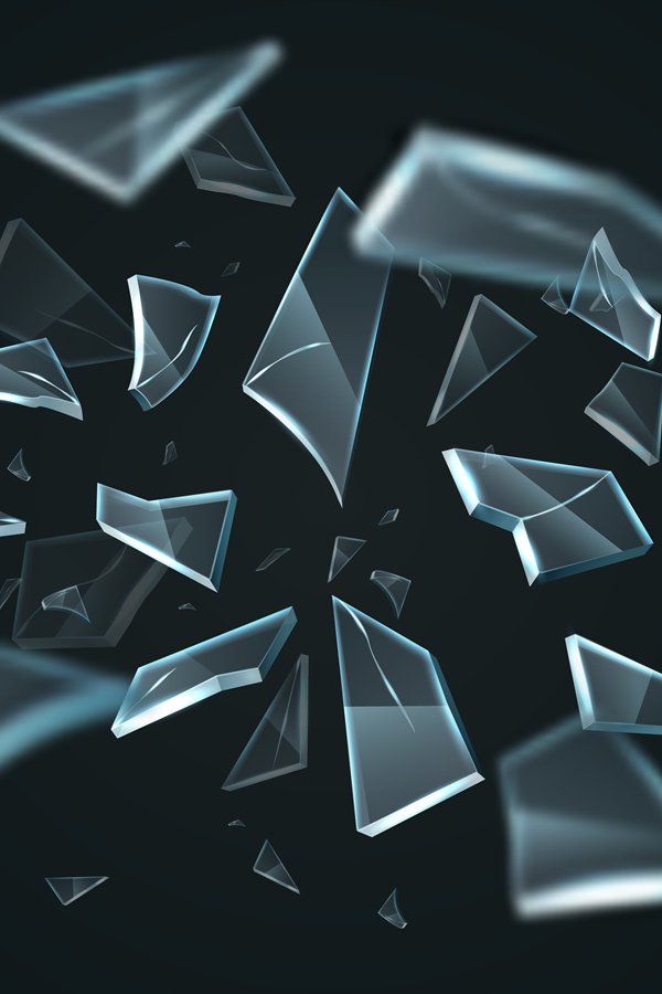 Scattered glass shatters. Realistic explosion flying sharp p