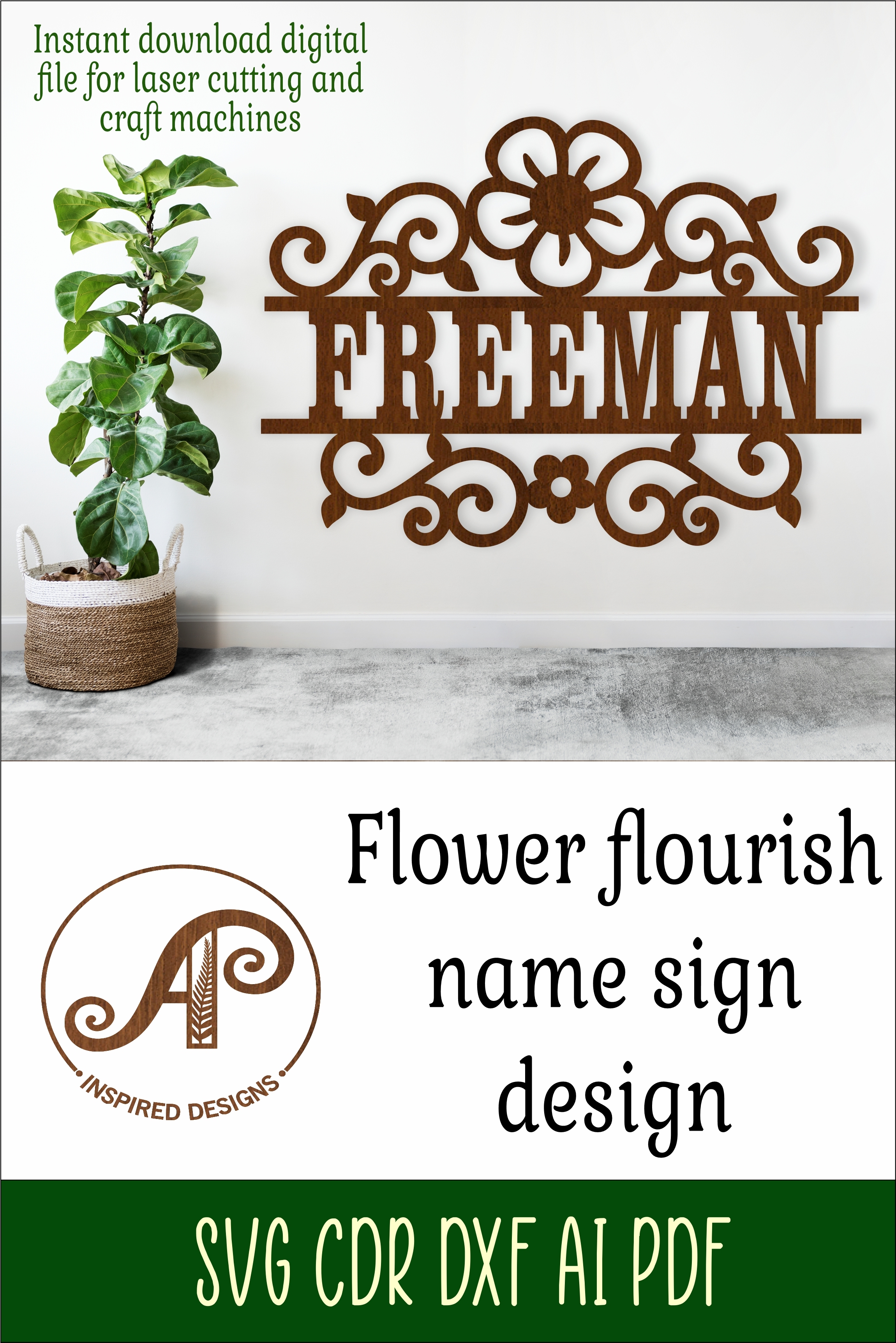 Flower flourish design name sign svg laser cut file