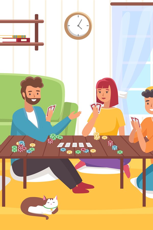 Board game at home. Happy family in room interior plays card