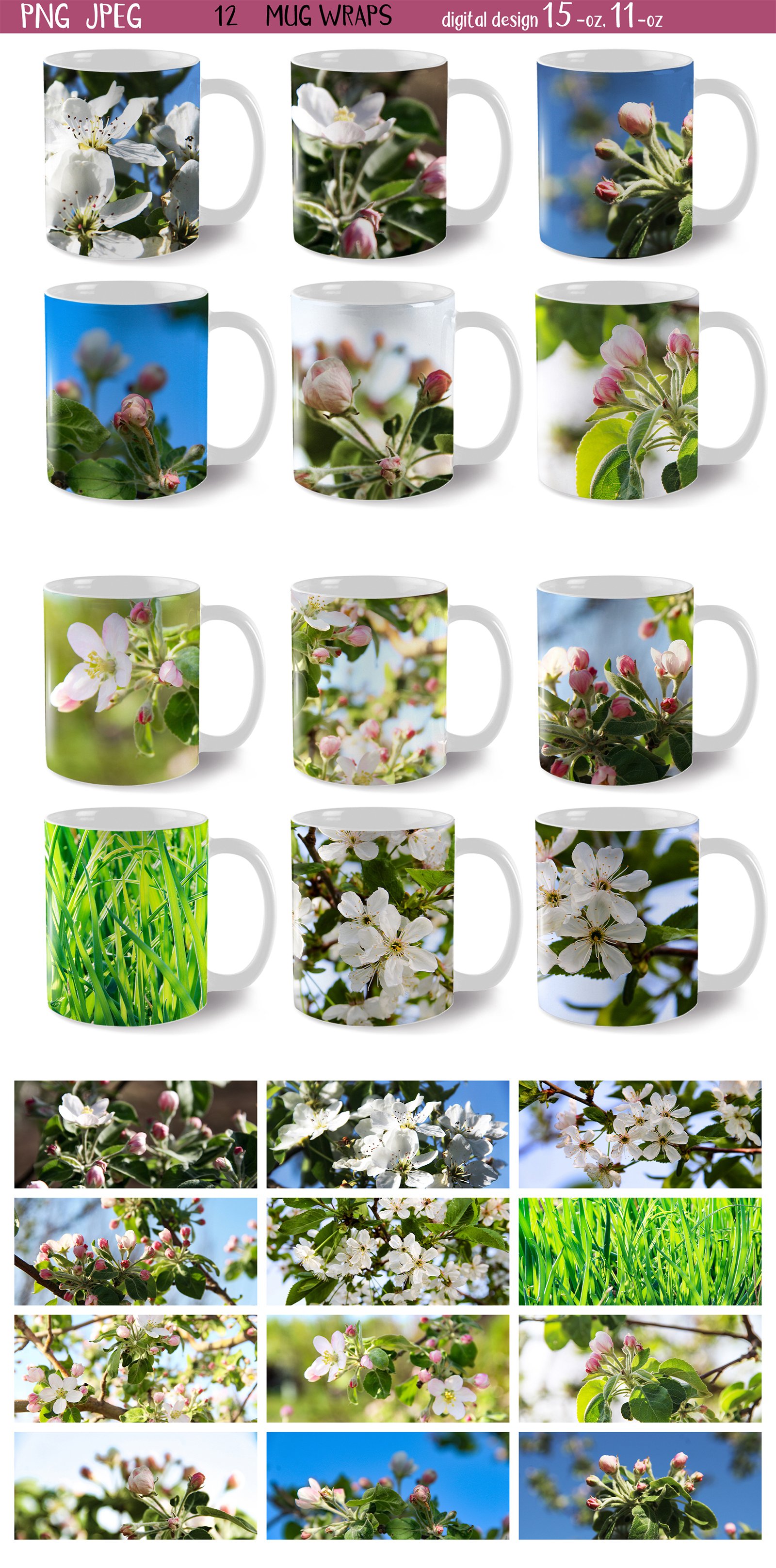 12 photo Designs/ Mug wrap 15oz,11oz.Flowers of trees