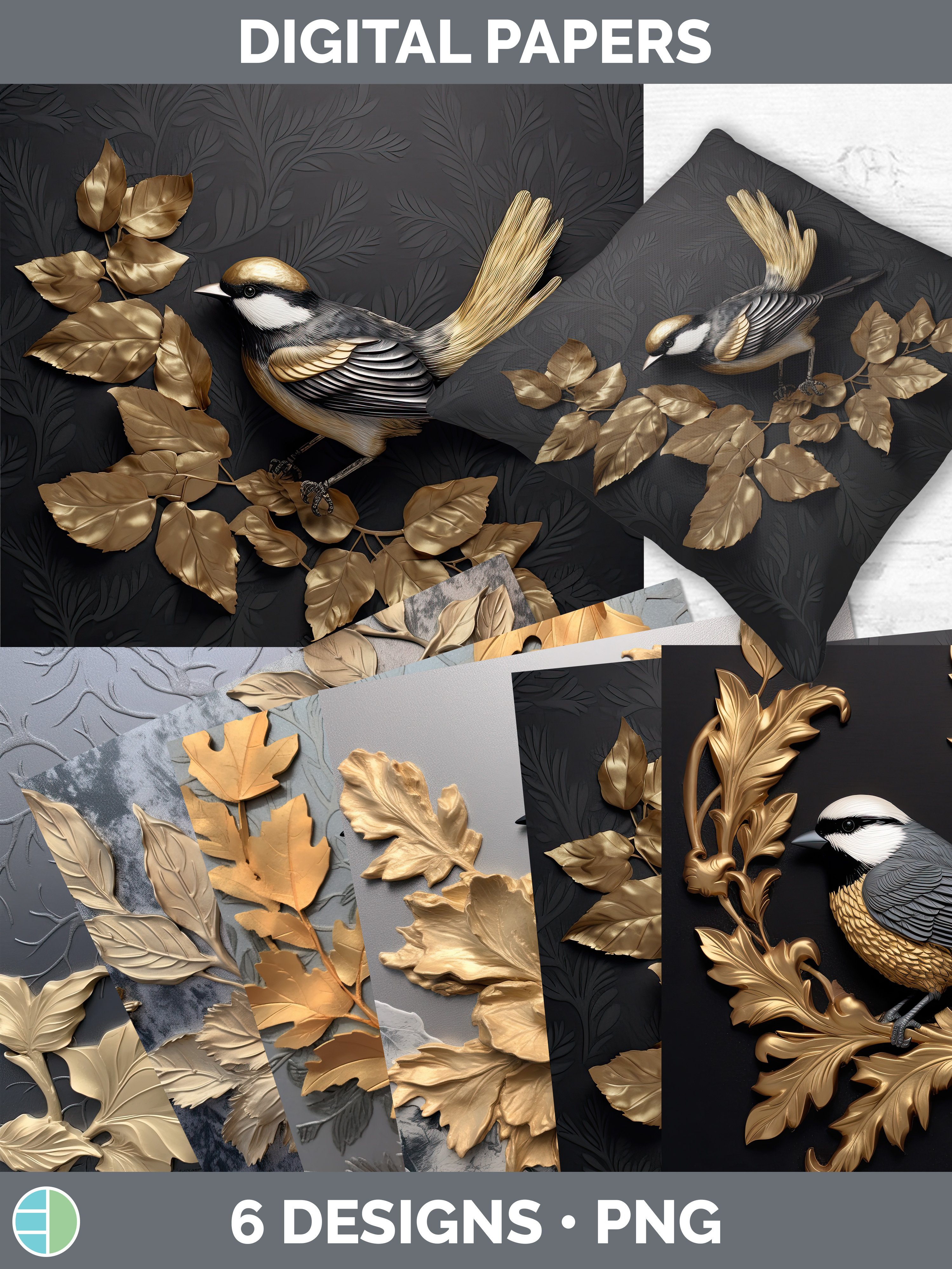 3D Black and Gold Chickadee Bird Paper Backgrounds | Digital