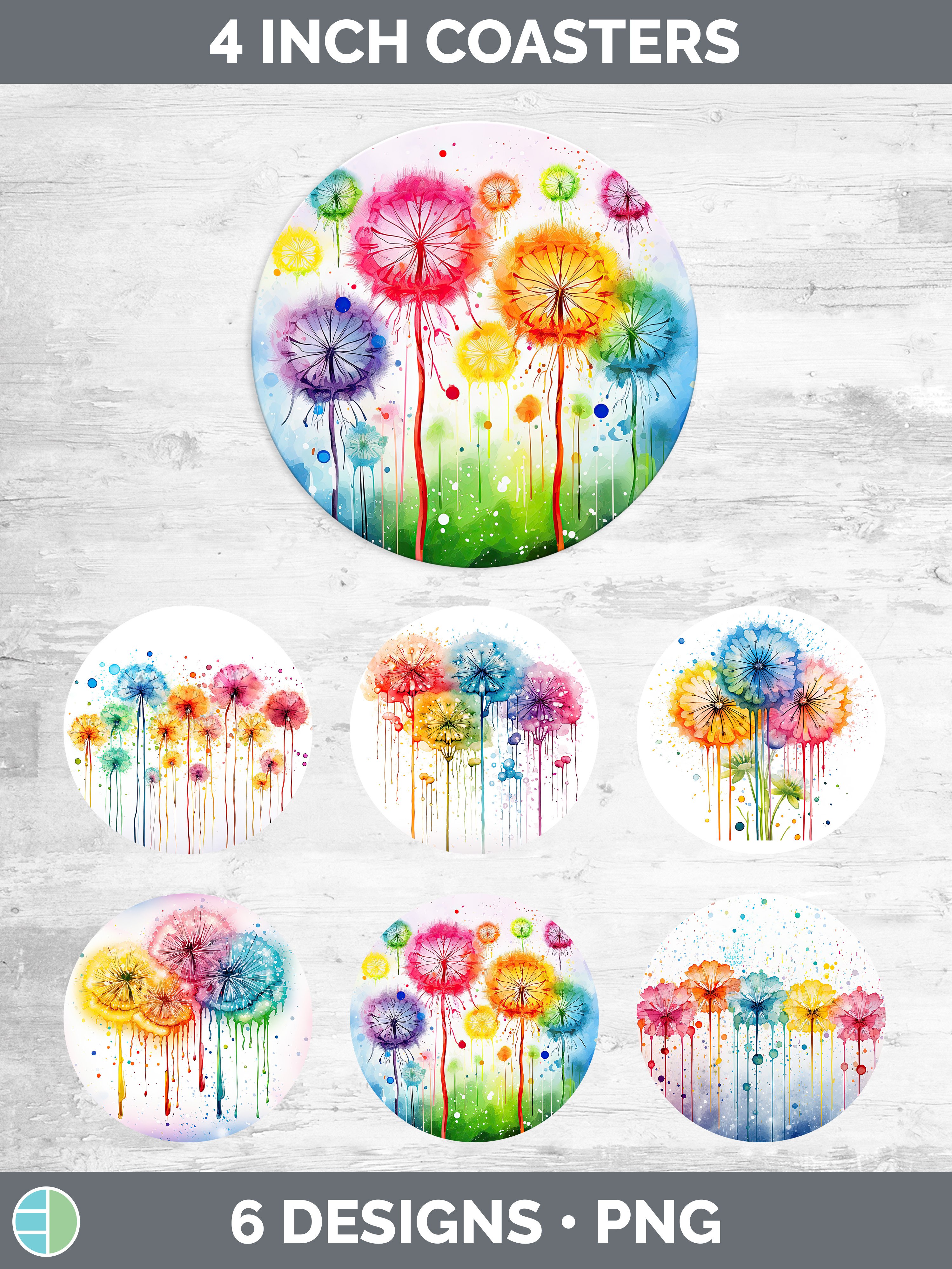 Splat Rainbow Dandelion Flowers Round Coaster | Bundle Coast