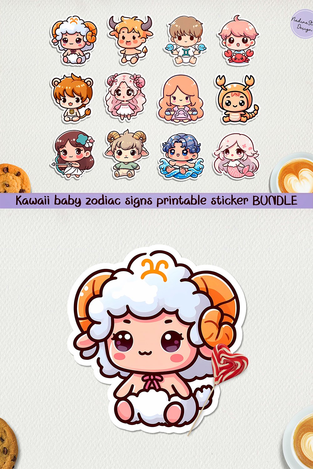 Baby kawaii zodiac signs stickers BUNDLE. PNG.