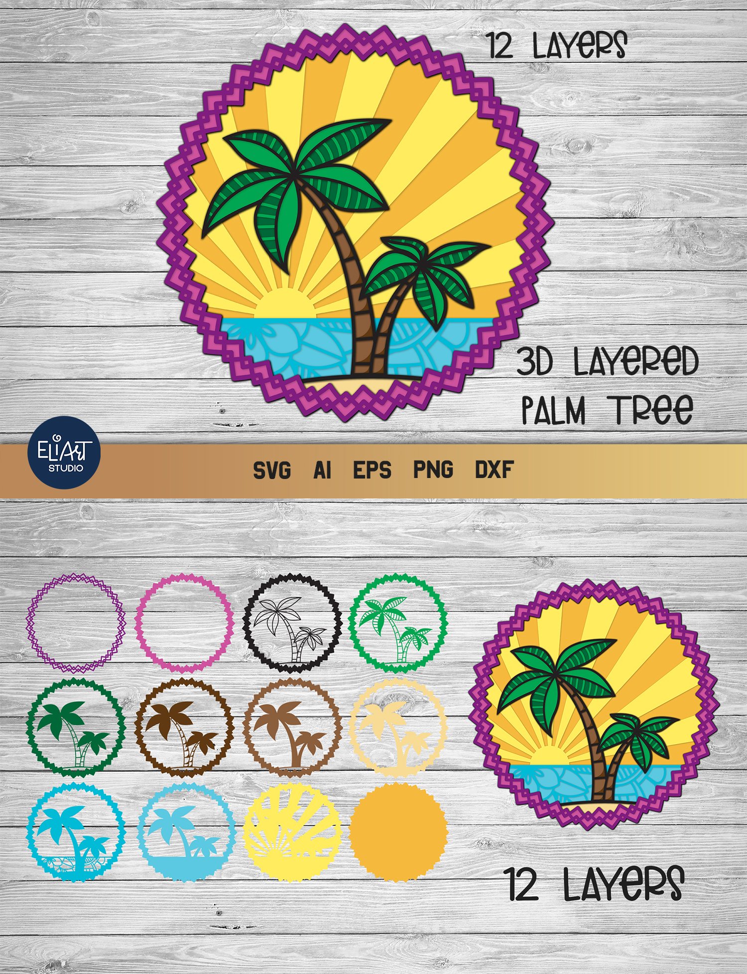 3d SVG Layered Palm Tree | Sunset SVG (1319315) | Cut Files | Design ...
