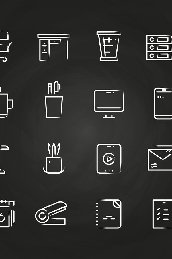 Hand drawn office icons on chalkboard