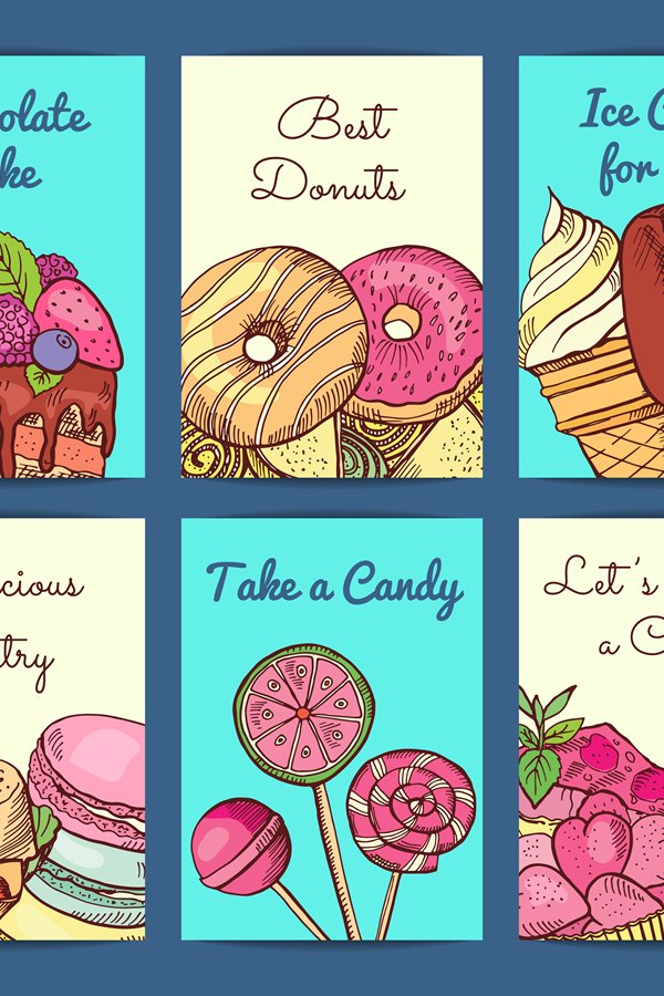 Vector hand drawn colored sweets shop card or flyer