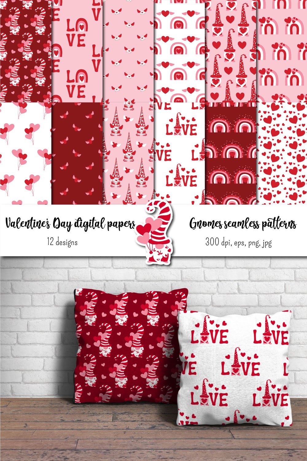 Valentines Day digital papers. Gnomes seamless patterns.