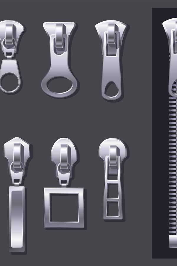 Zipper pulls. Metal zippers and fabric pull, cloth clasp and