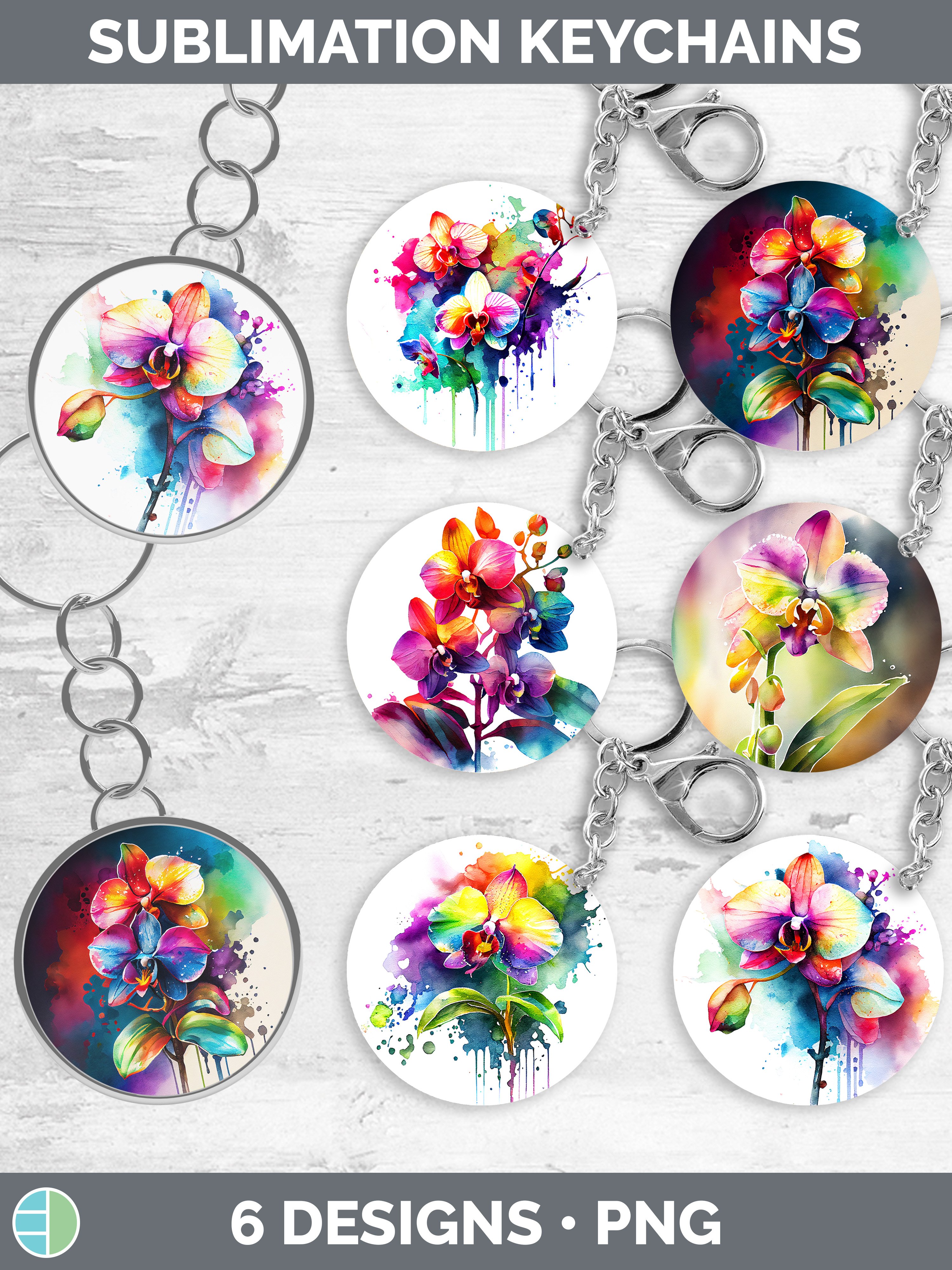 Rainbow Orchid Flowers Keychain | Sublimation Keyring Design