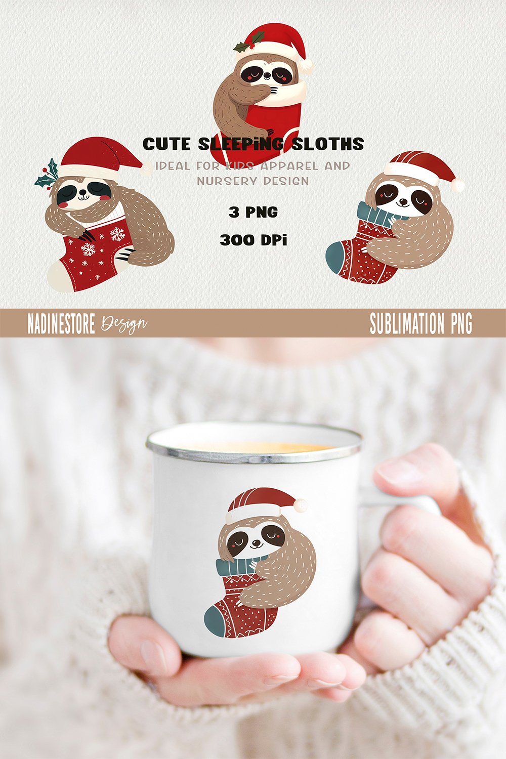 Cute Sloth sleeping in sock Sublimation PNG.