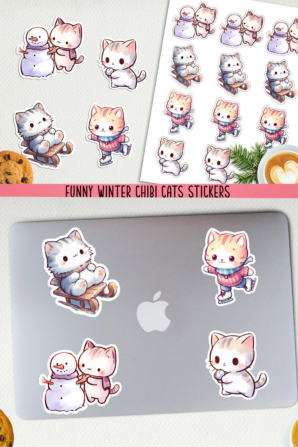 Funny winter chibi cat printable stickers. PNG.