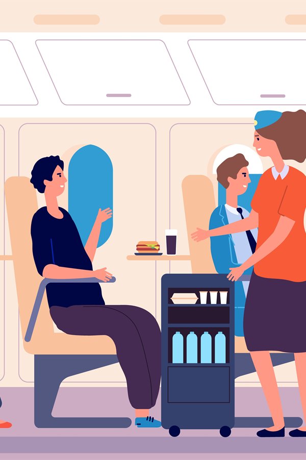 Airline service. Human transportation, stewardess served dri