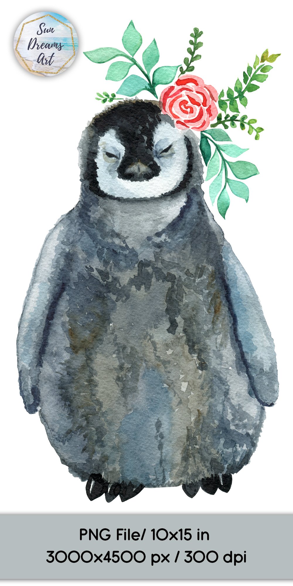 Watercolor cute penguin single clipart PNG instant download