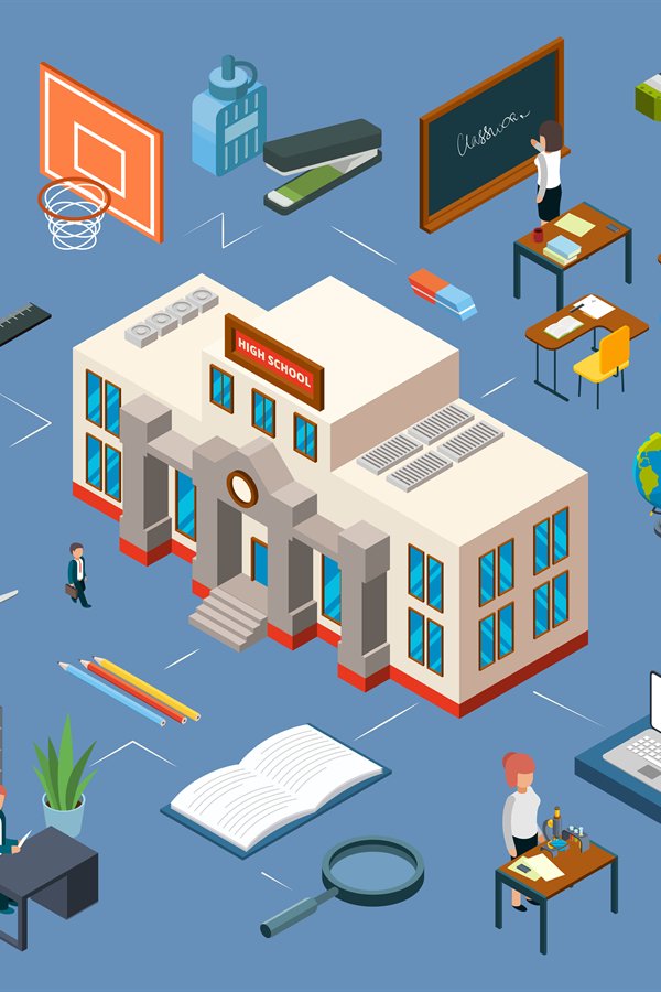 High school isometric vector illustration. 3D school buildin