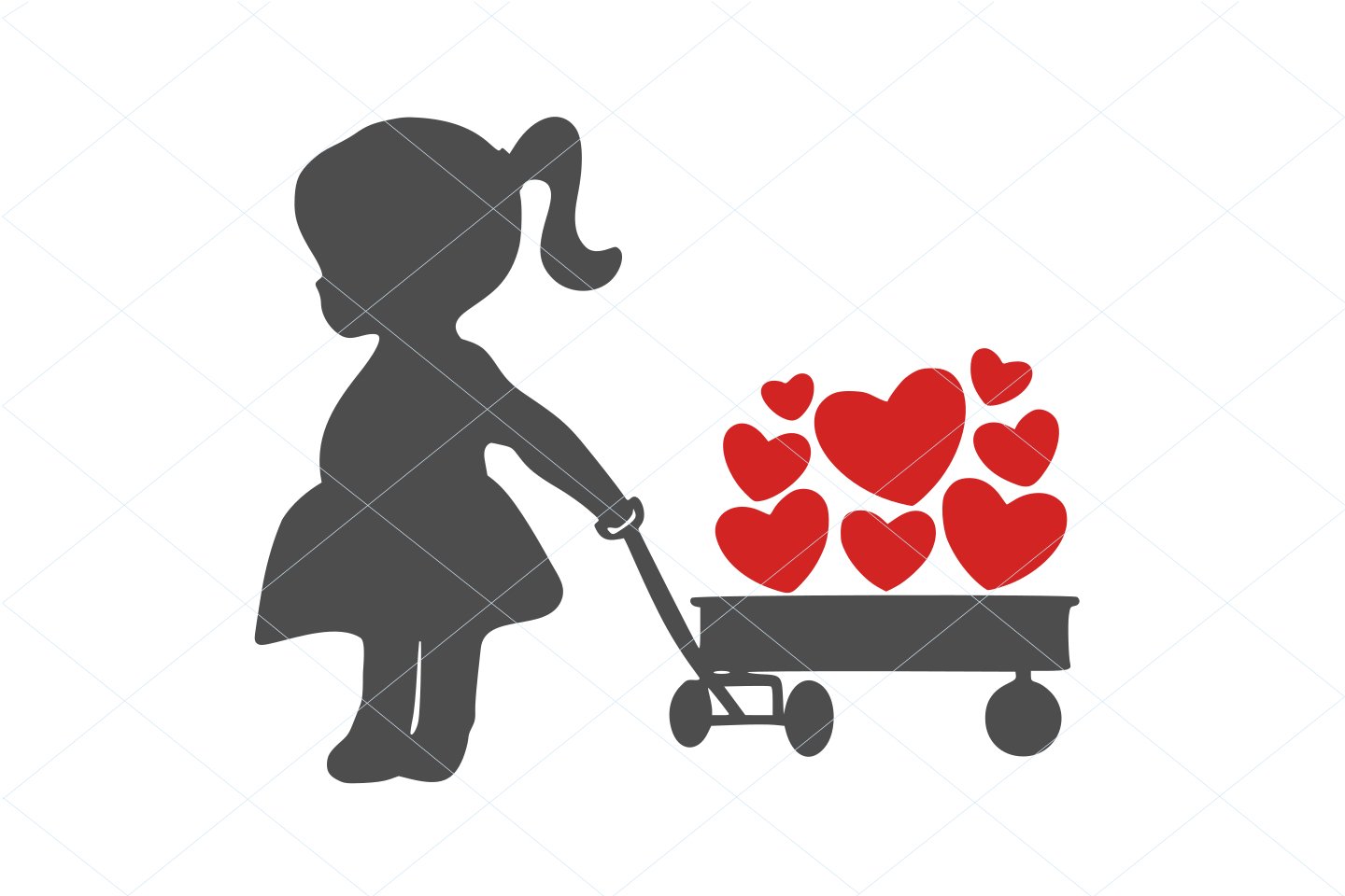 Girl pulling cart of hearts, valentines svg, cute vintage