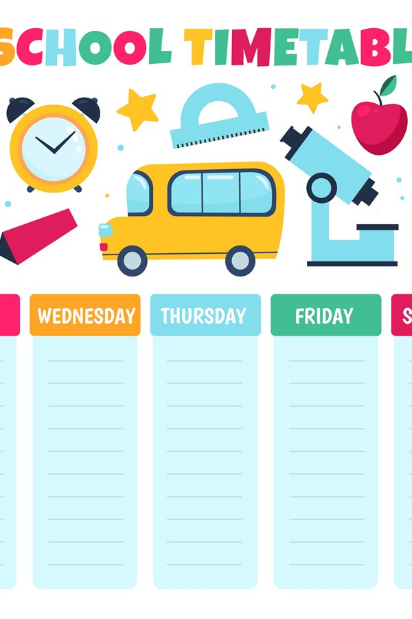 School timetable. Learnings classes scheduling, study weekly