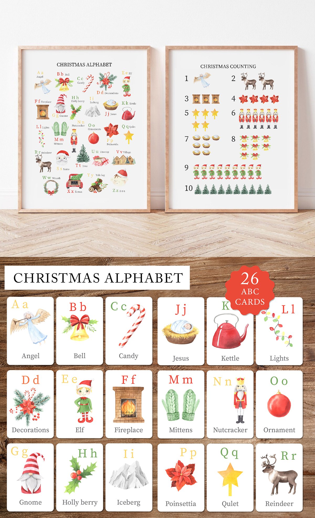 Christmas ABC, Counting Poster, Flashcards printable