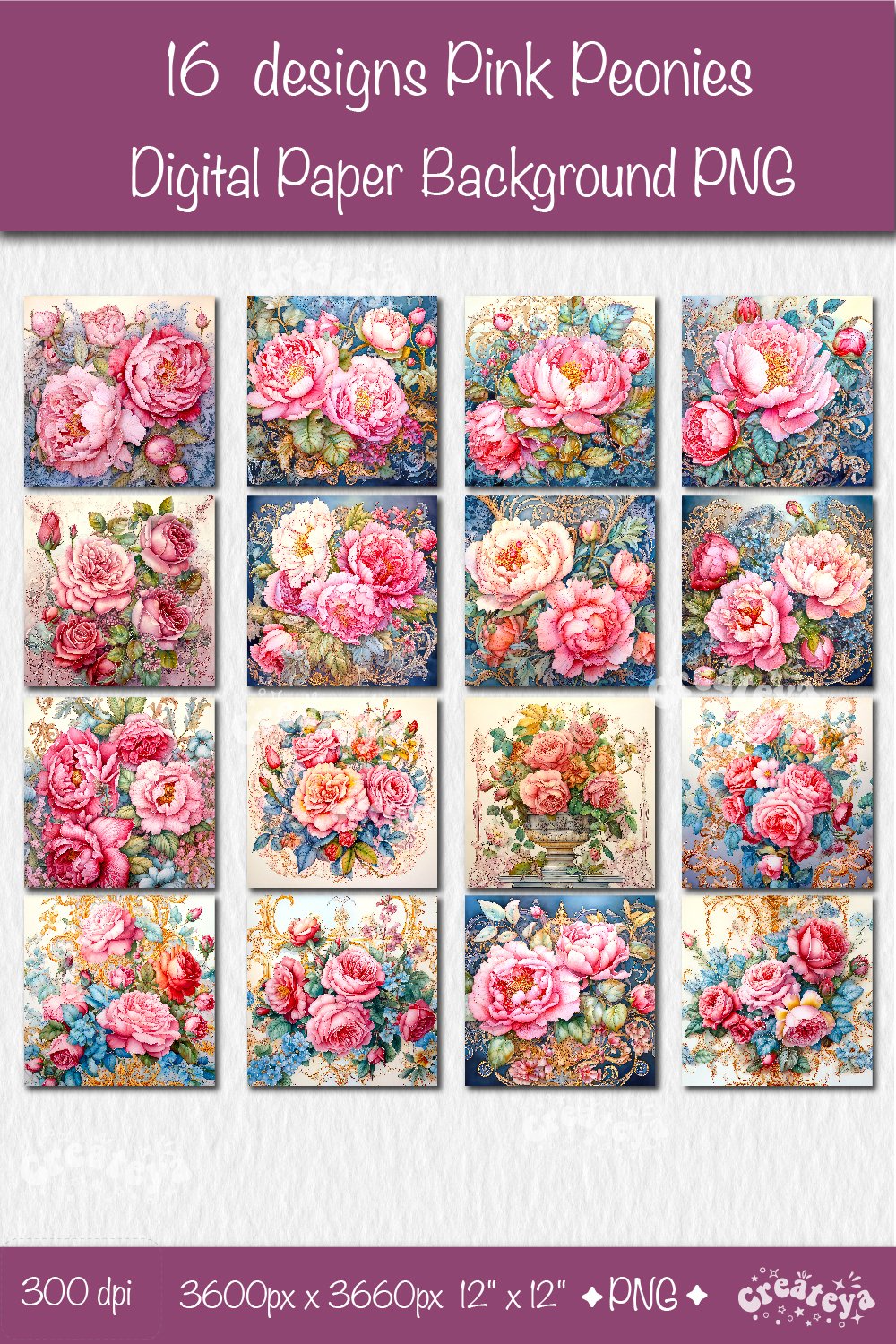 Digital Paper pink and blue Backgrounds Watercolor Flowers