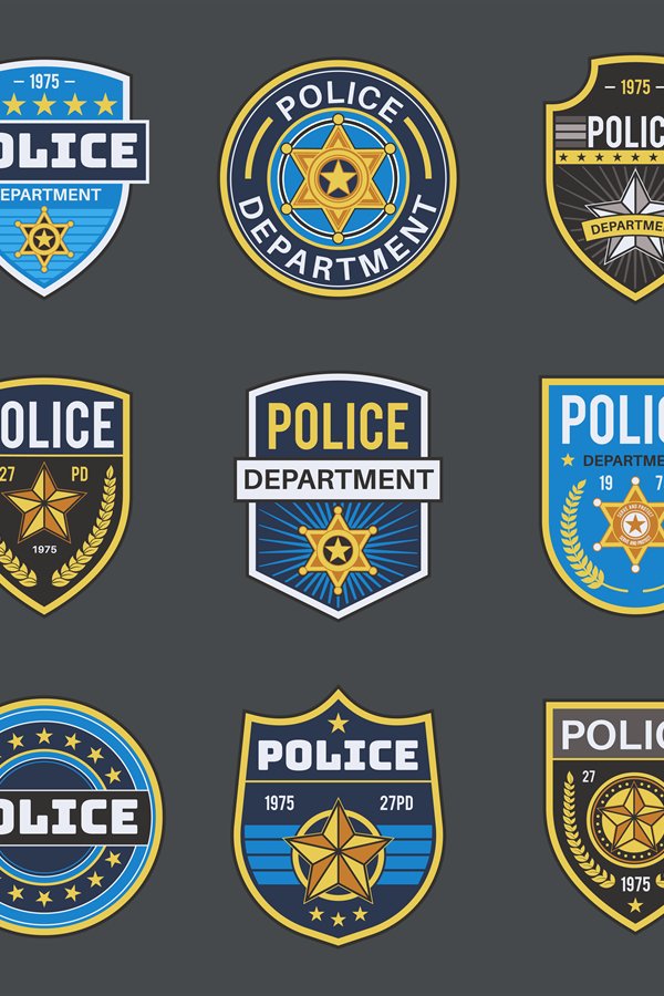 Police labels. Policeman law enforcement badges. Sheriff, ma