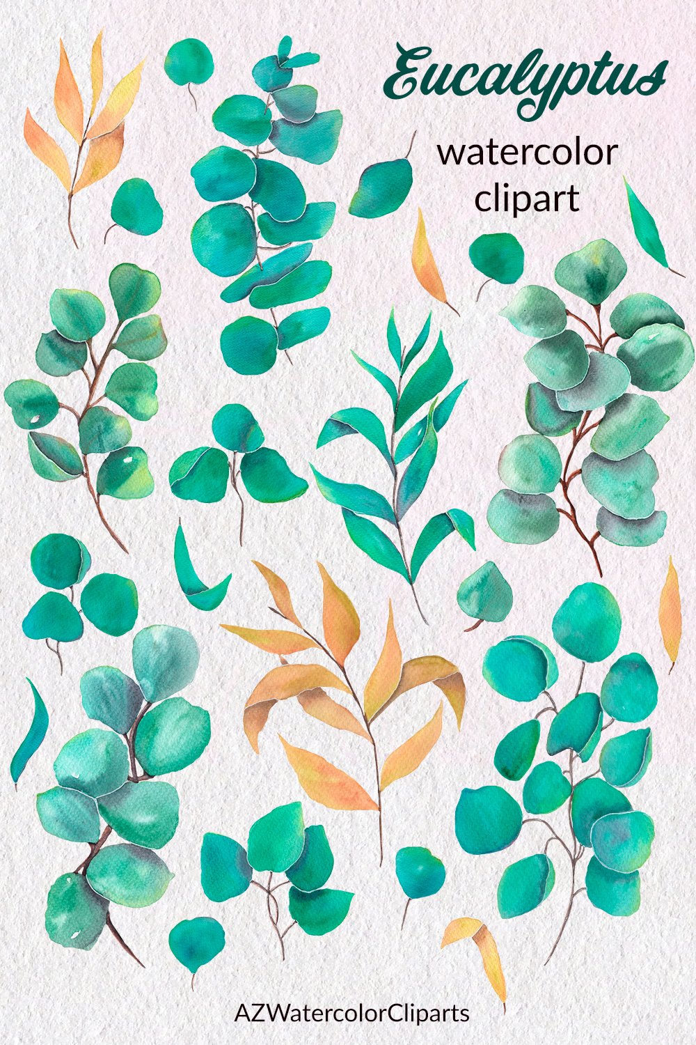 Watercolor eucalyptus clipart with gold leaves