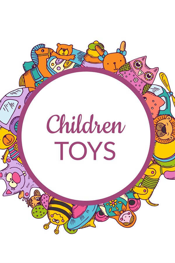 Vector illustration with sketched toys under framed circle w