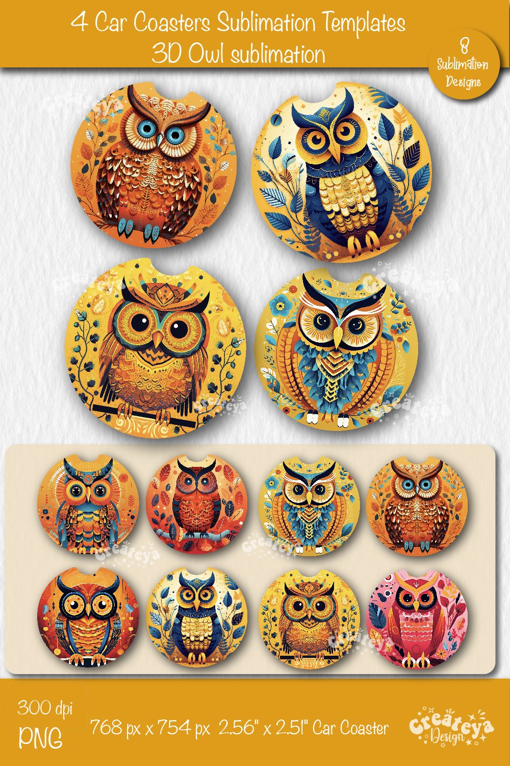 Car coaster Sublimation Designs Bundle 3D Owl (3751763)