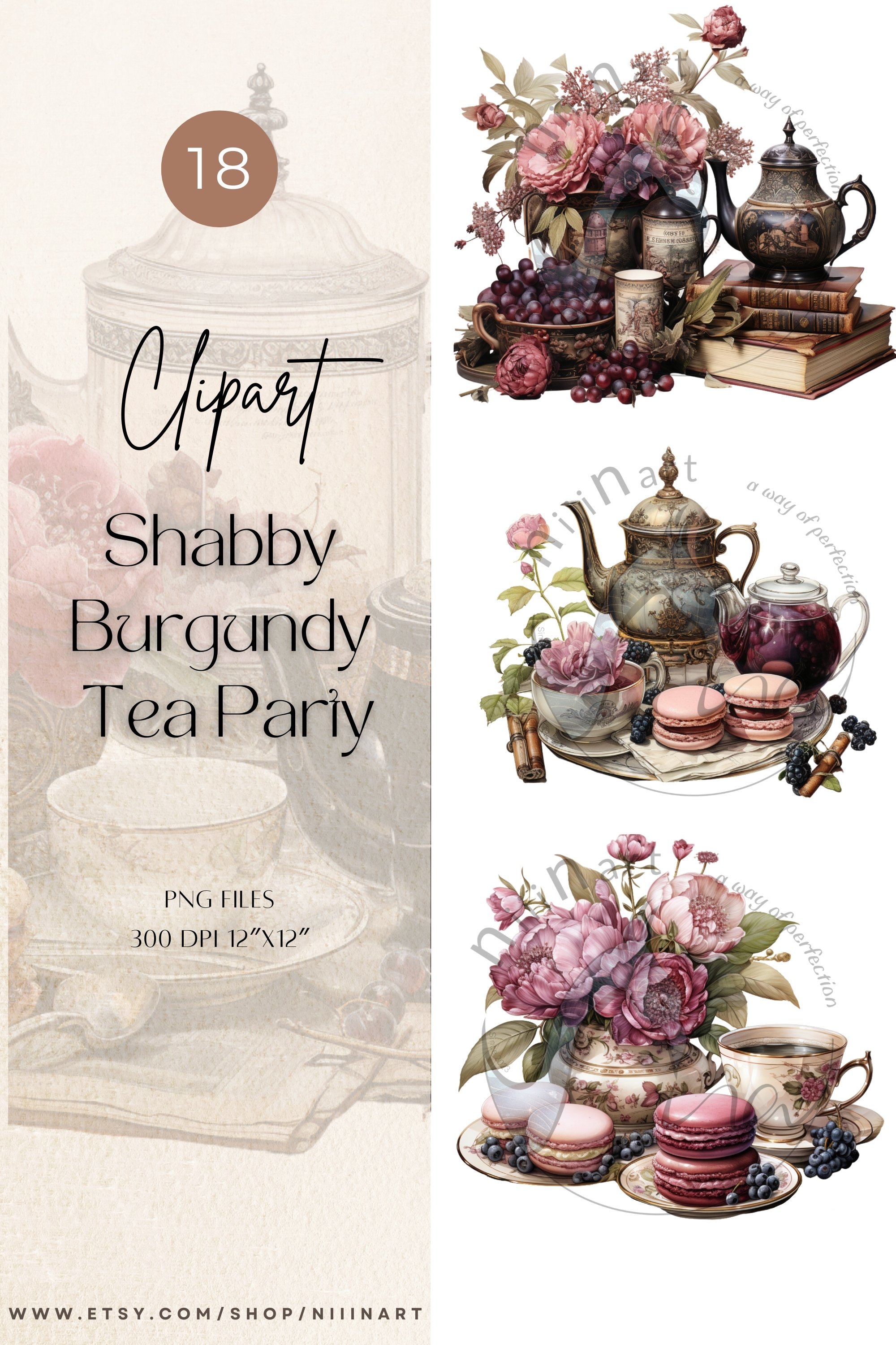 Shabby Tea Party Set, Set of Burgundy Tea Pots and Cups PNG