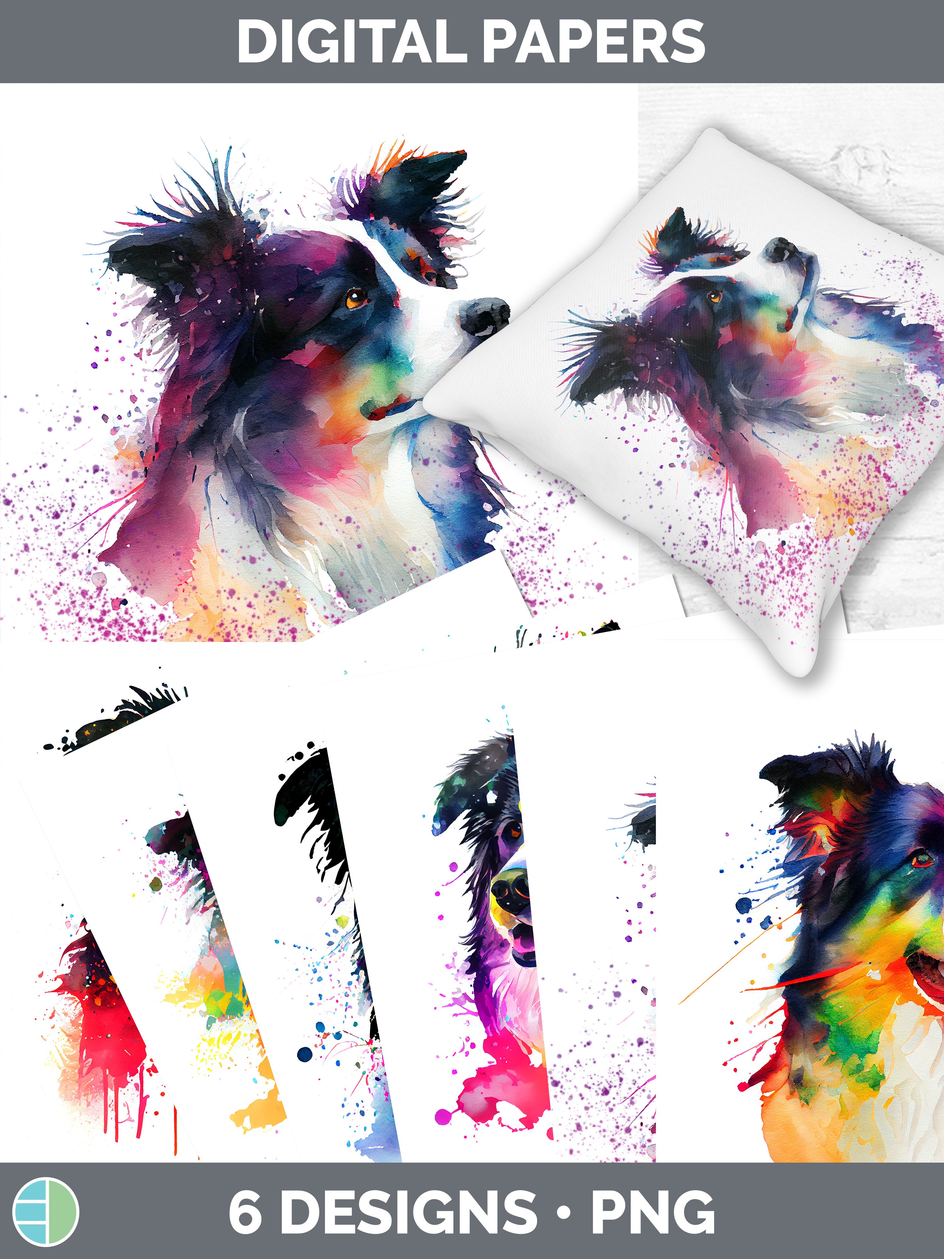 Rainbow Border Collie Dog Paper Backgrounds | Sublimation Di