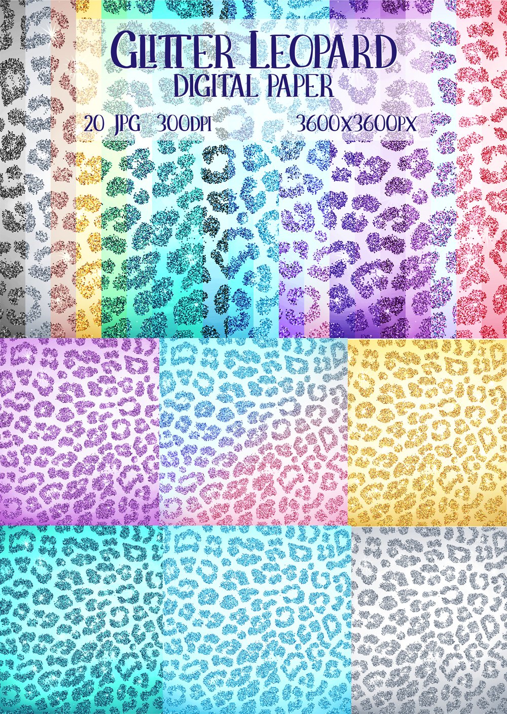 Glitter Digital Paper. Colored Leopard textures, backgrounds